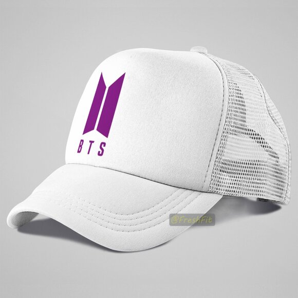 Accessories | Purple Bts Kpop Logo White Foam Trucker Hat Mesh Snapback ...